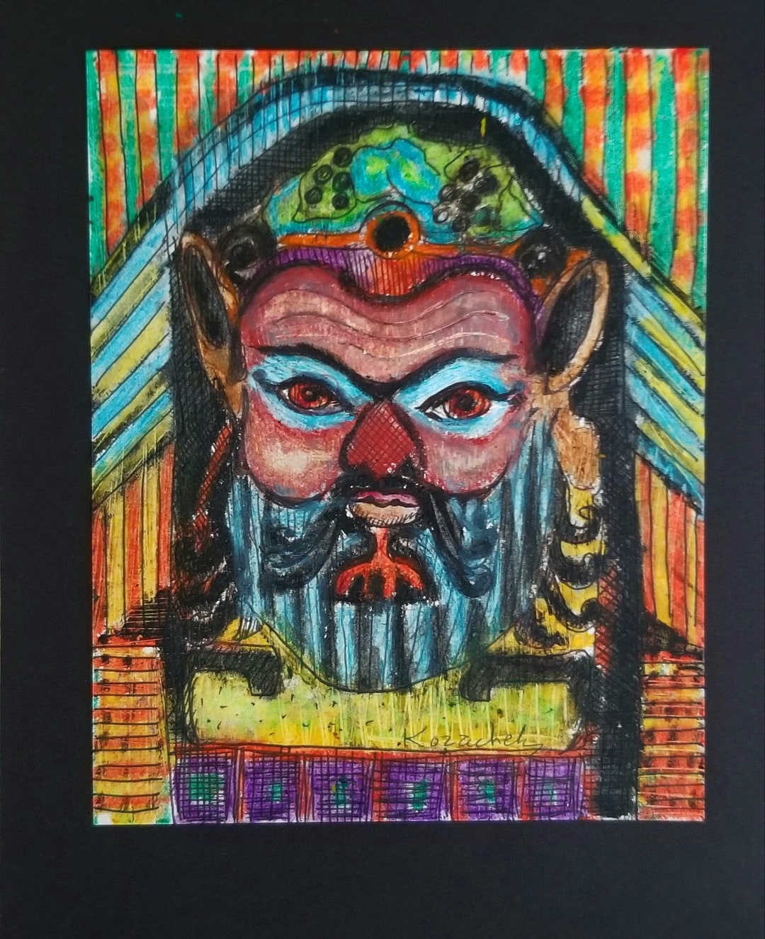 Original 4" X 5" Ink and Oil Pastel of an Etruscan Mask - Etsy