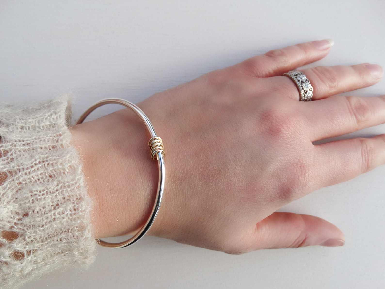 Solid Silver Bangle & Gold Rings | Sterling Silver | 9ct Gold - Etsy UK