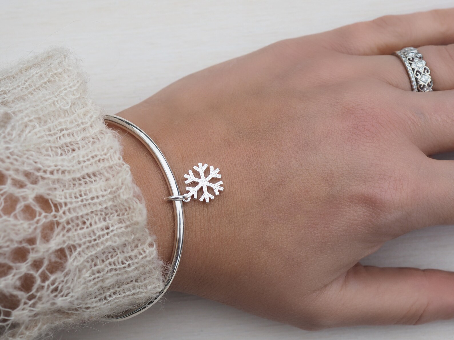 Silver Snowflake Bangle Sterling Silver - Etsy UK