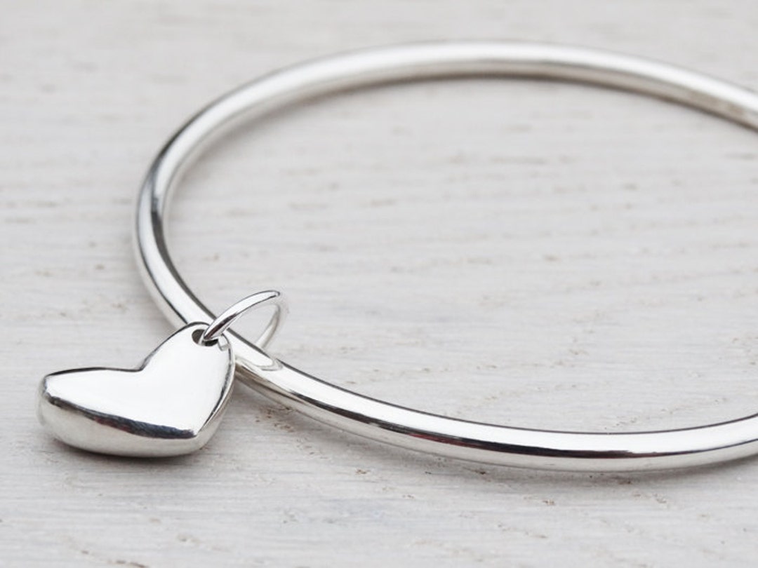 Solid Silver Bangle & Heart, Sterling Silver - Etsy
