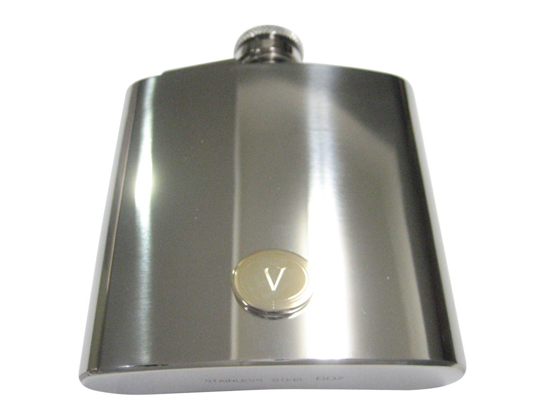 Gold Toned Etched Oval Letter V Monogram 6 oz. Stainless Steel | Etsy