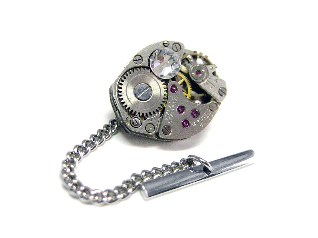 Oval Watch Gear Steampunk Tie Tack With Clear Swarovski Crystals - Etsy
