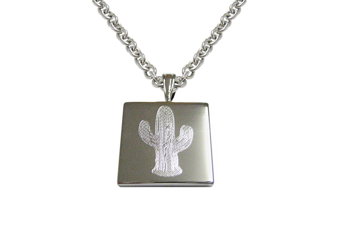 Silver Toned Etched Cactus Plant Pendant Necklace - Etsy