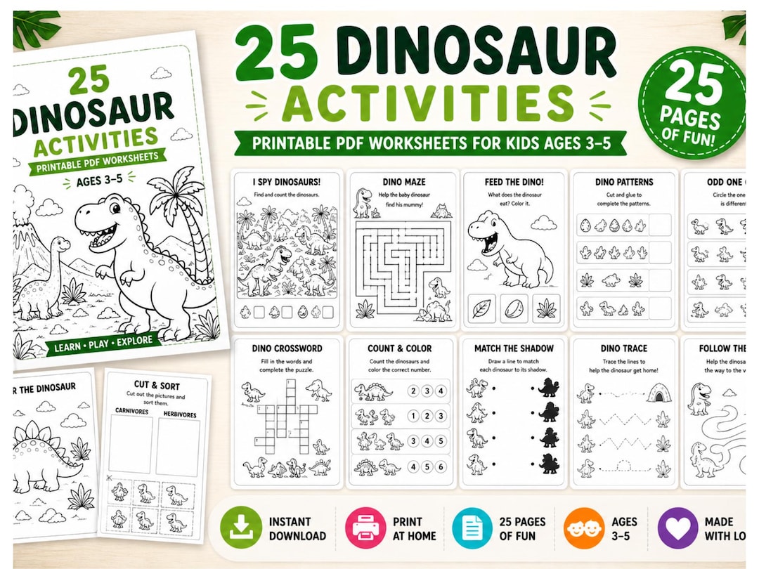 Dinosaur Activities for Kids Ages 3-5, 25 Preschool Worksheets (PDF ...