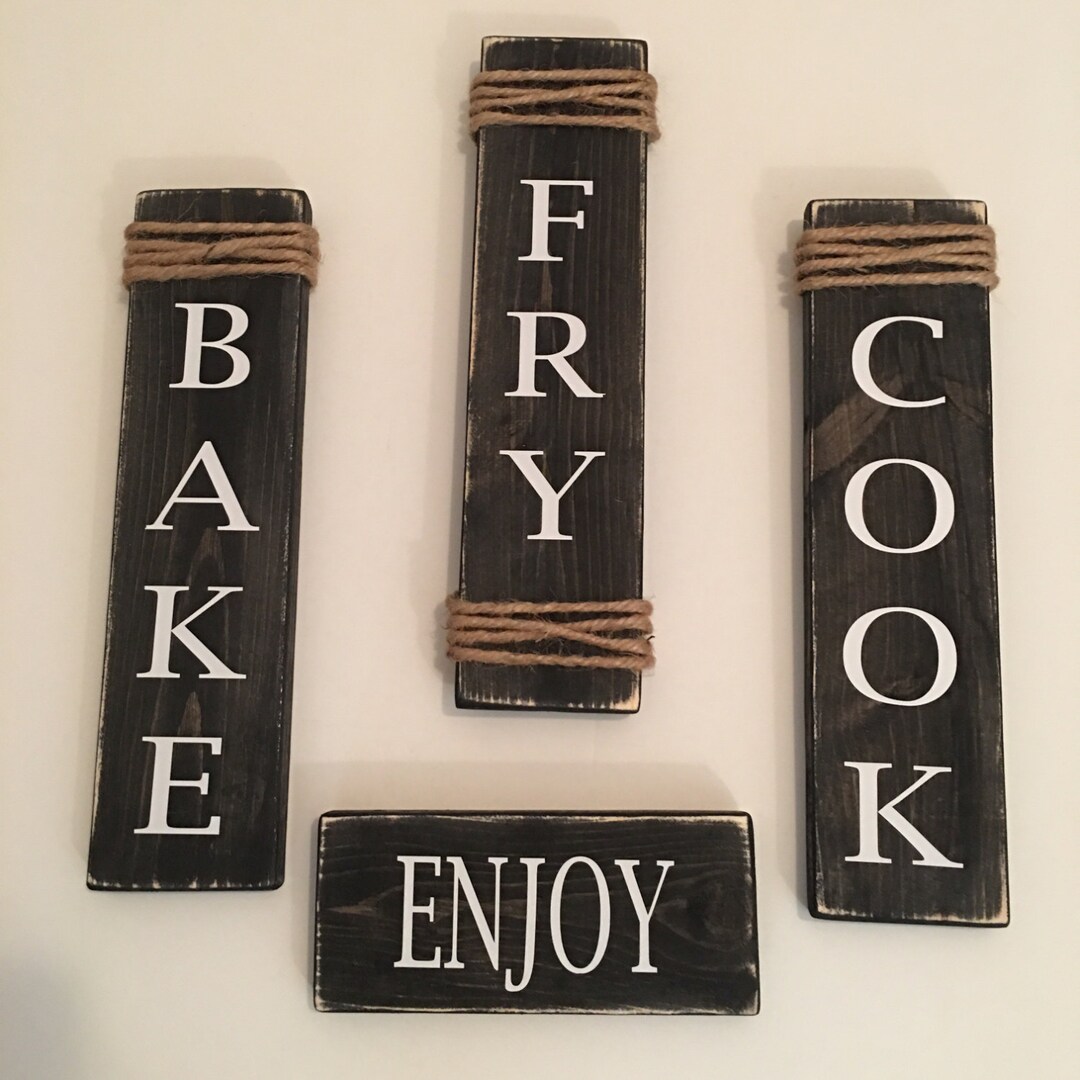 Rustic Set of 4 Black Wooden Kitchen Signs Cook / Fry / Bake / Enjoy - Etsy