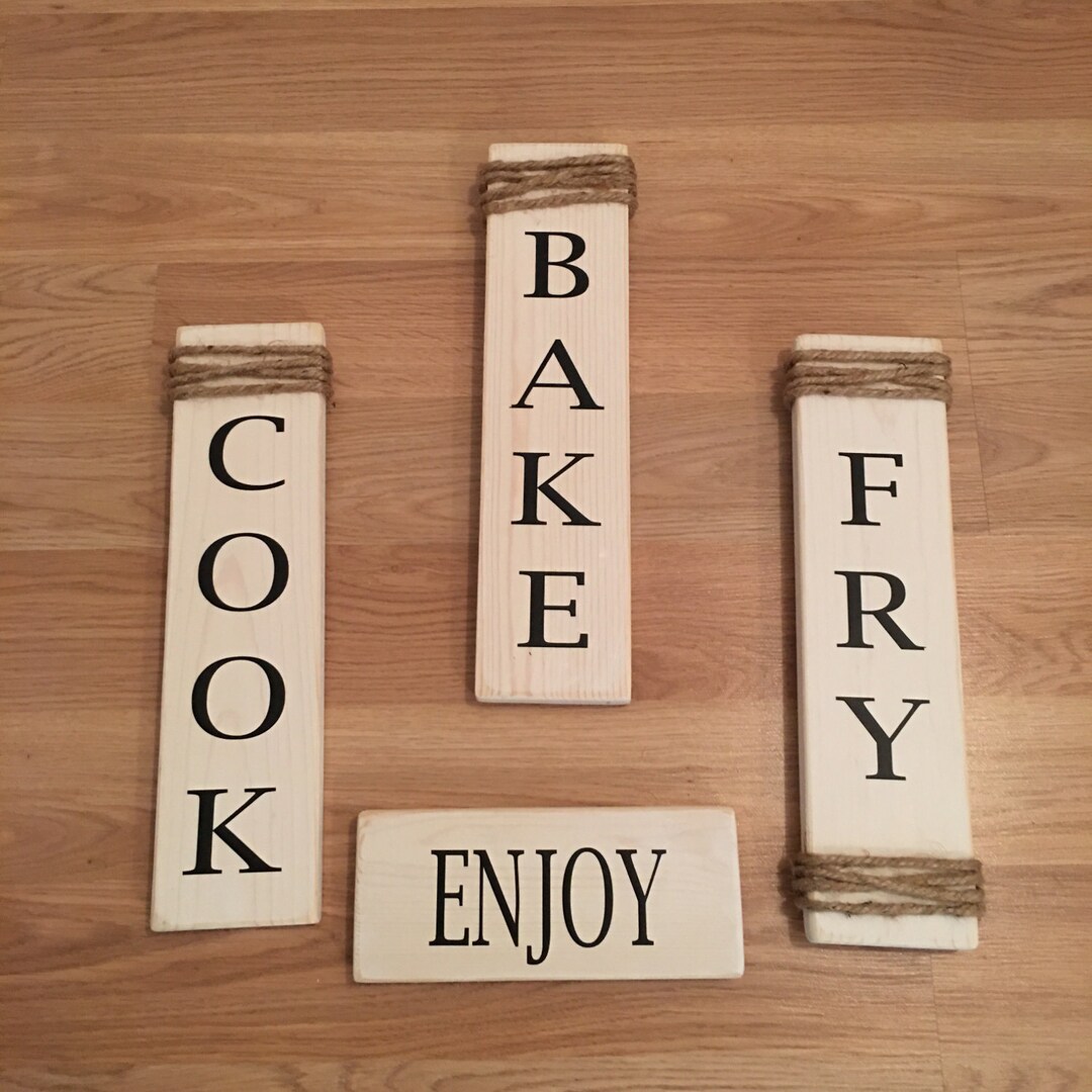Rustic Set of 4 White Wooden Kitchen Signs Cook / Fry / Bake / Enjoy - Etsy