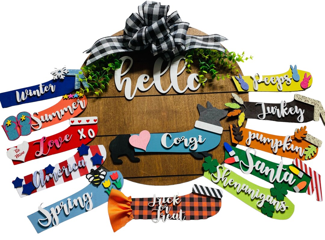 Hello Corgi - Long Dog - Interchangeable Holidays Seasons - Large Round ...