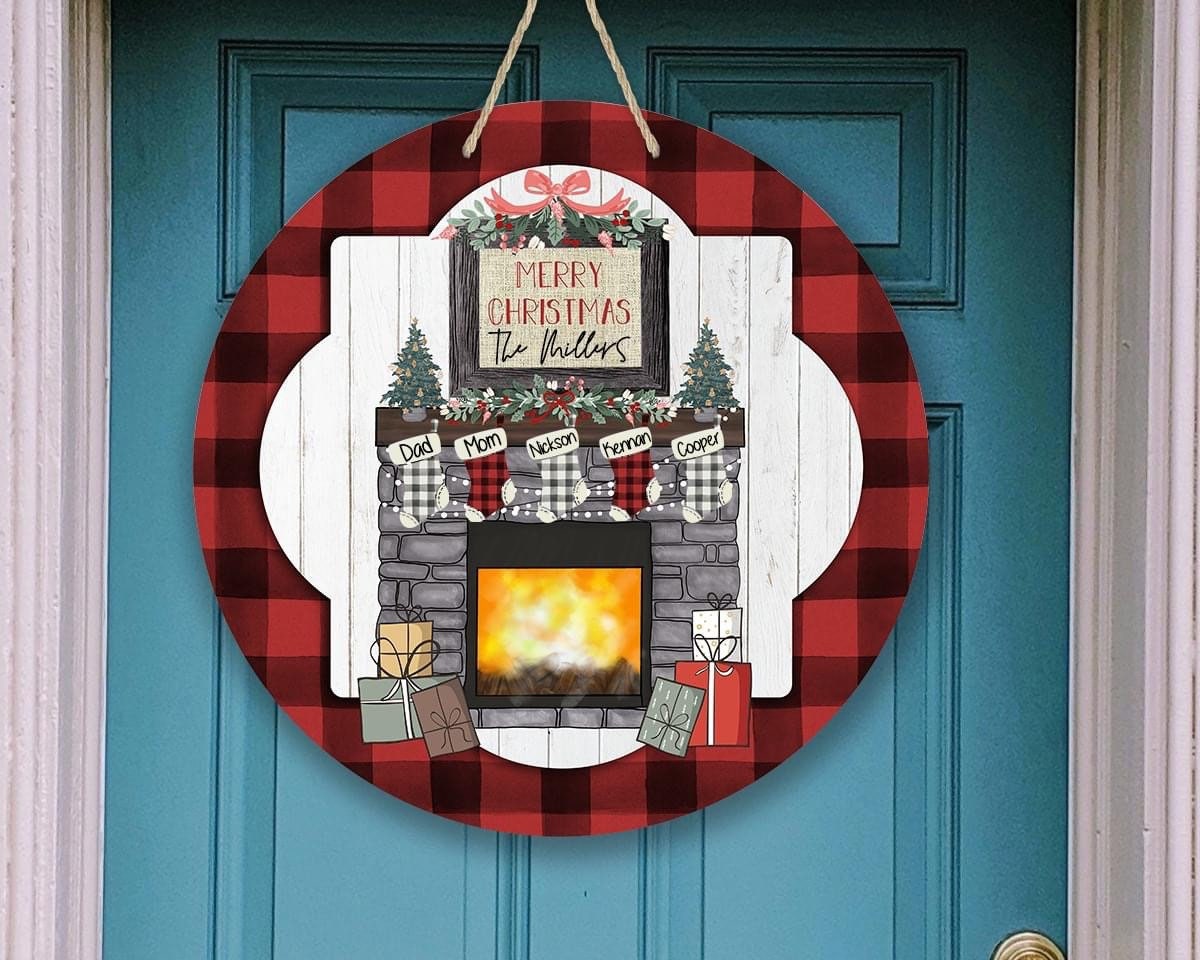 Christmas Fireplace With Stockings - Personalized - Buffaloplaid - Door ...