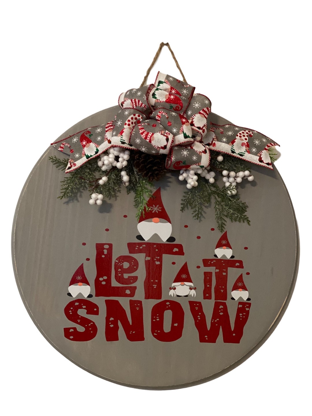 Let It Snow Gnome Gnomies 18 Round Wooden Christmas Winter Door Sign ...