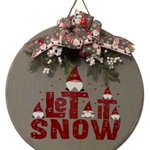 Let It Snow Gnome Gnomies 18 Round Wooden Christmas Winter Door Sign ...