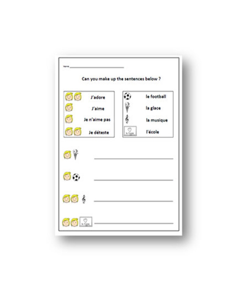 FRENCH TEACHER PRINTABLE Likes & Dislikes School Worksheet / French for ...