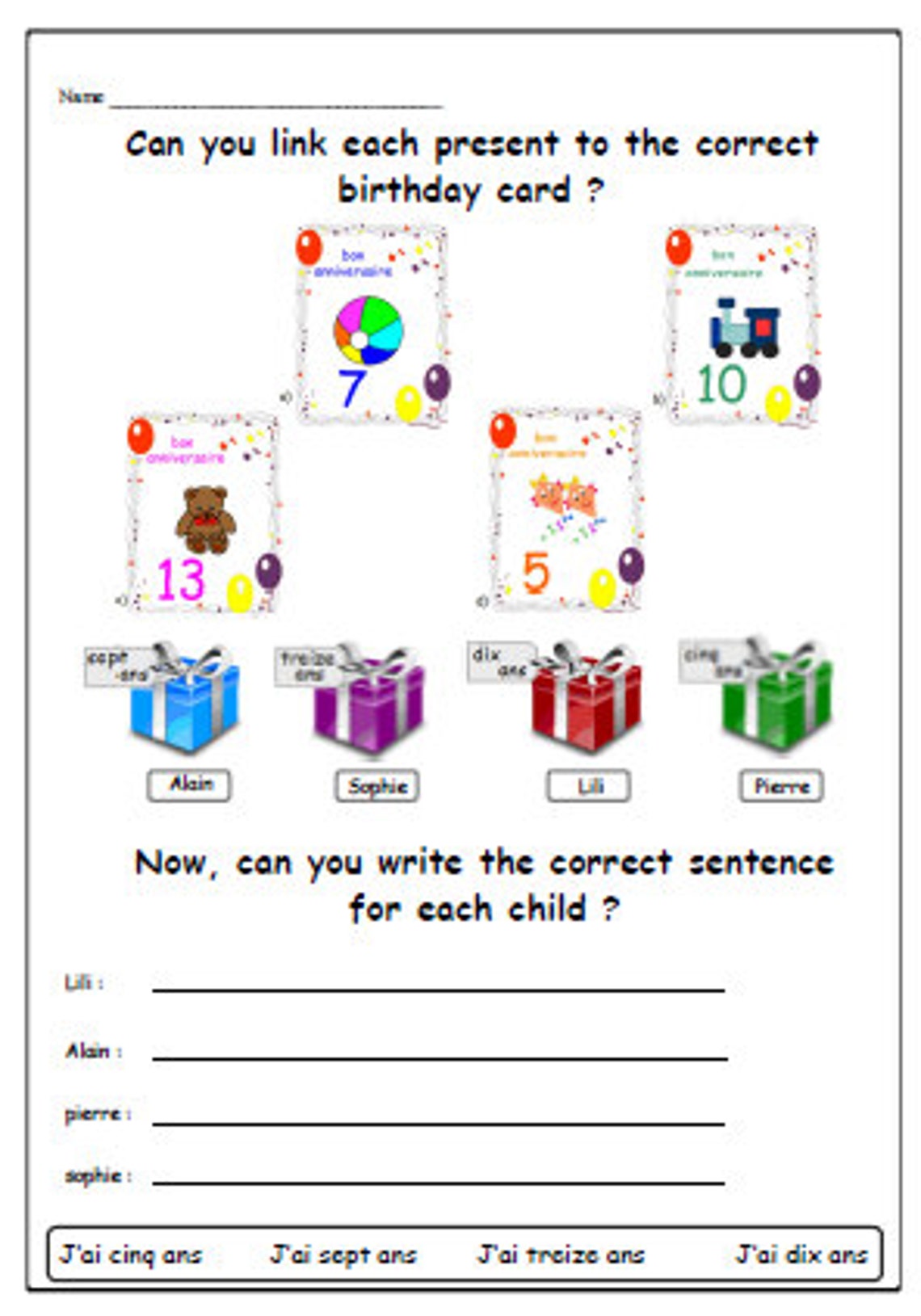BIRTHDAY FRENCH WORKSHEET/ Matching and Writing Activities French ...