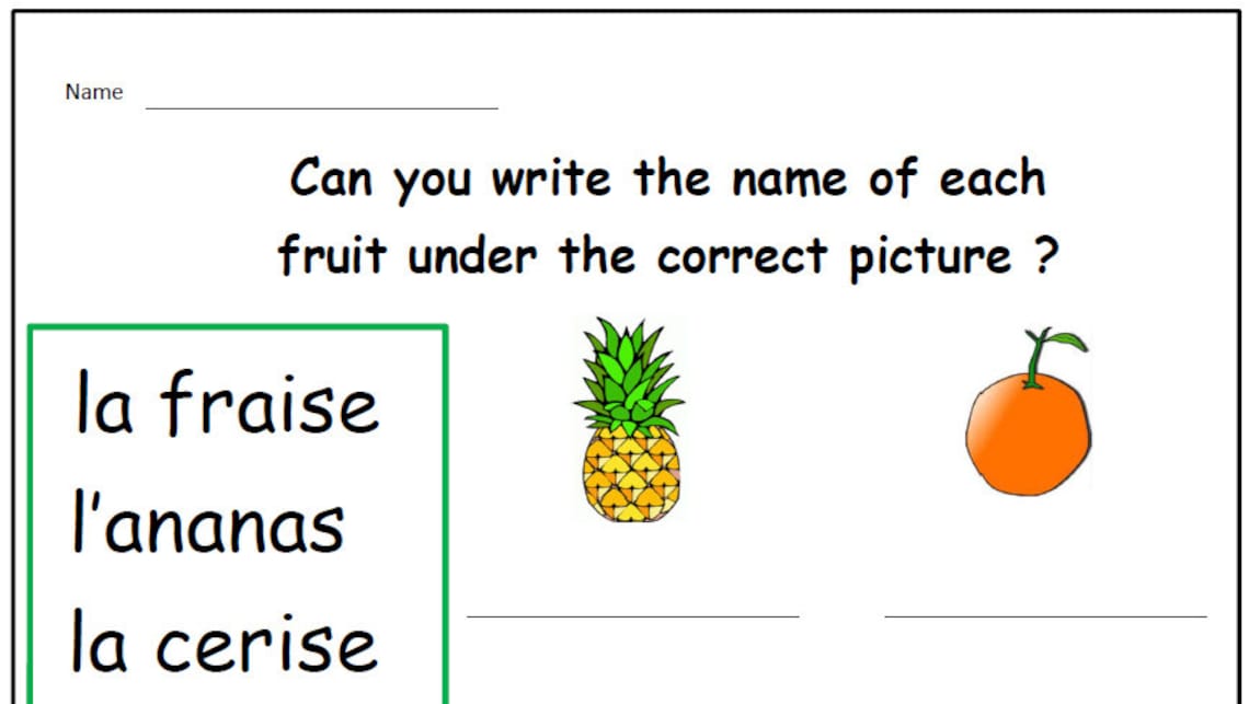 Kids Worksheet for Learning French Names of Fruits / French Printable ...