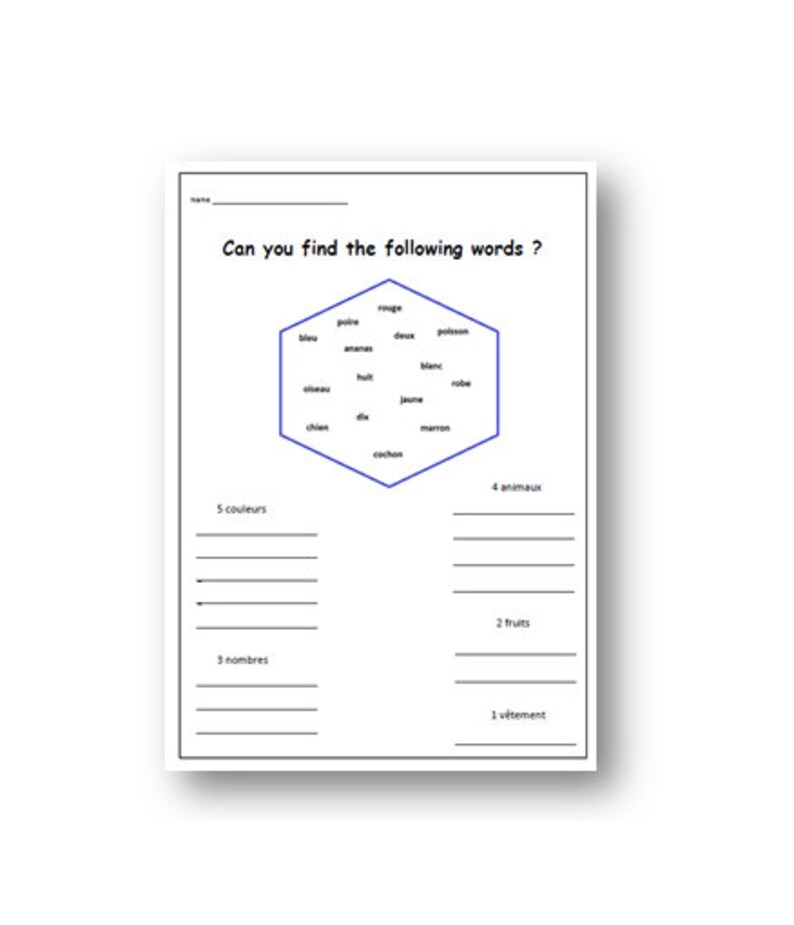 FRENCH LANGUAGE WORKSHEET / Printable French Words / Teaching Resources ...