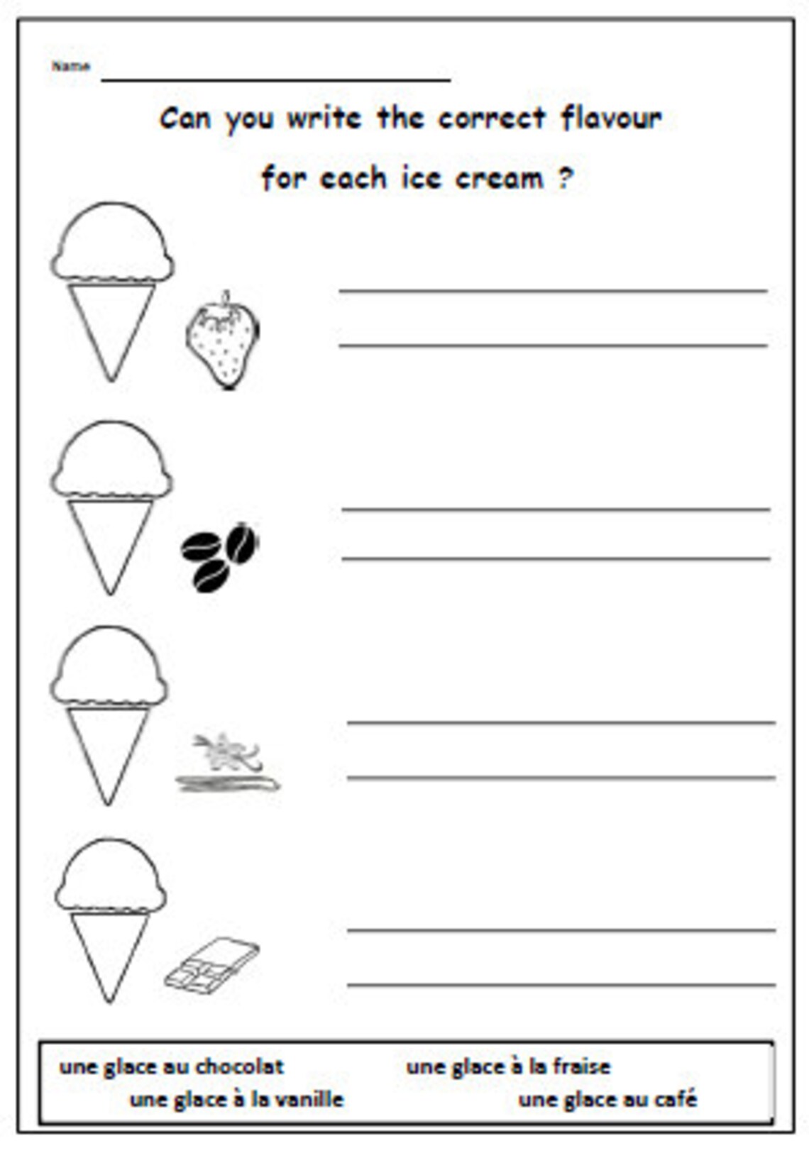 FRENCH PRINTABLE Ice Cream Flavours With Writing Exercise / Children ...