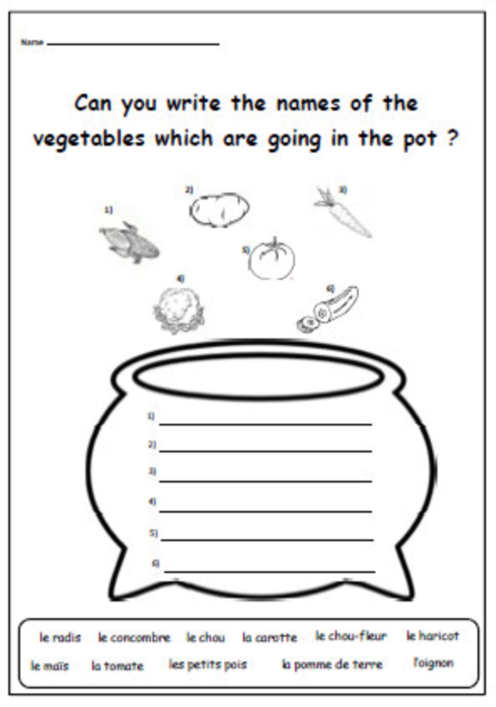 Activity FRENCH WORKSHEET to Learn Names of Vegetables,primary for ...