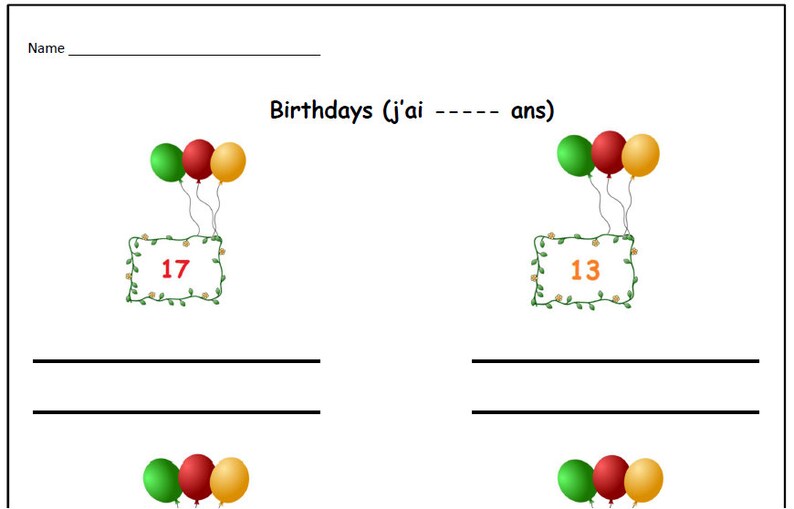 BIRTHDAY TOPIC FRENCH Printable / Learn Your Age With Birthday ...