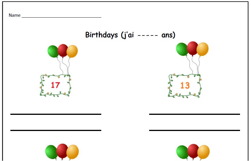 BIRTHDAY TOPIC FRENCH Printable / Learn Your Age With Birthday ...