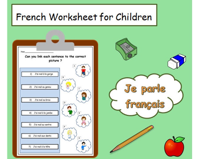 FRENCH Matching Activity WORKSHEET / French Word Sheet / Language Kids ...
