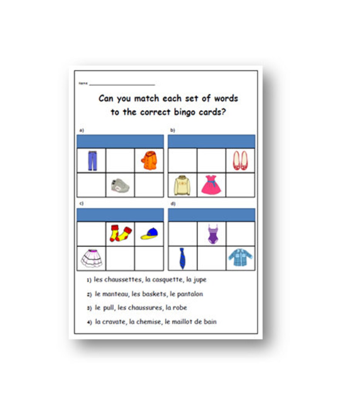 CLOTHES Bingo Game FRENCH PRINTABLE / Basic French Words Kids Worksheet ...