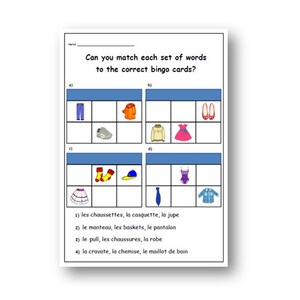 CLOTHES Bingo Game FRENCH PRINTABLE / Basic French Words Kids Worksheet ...