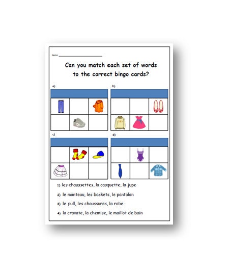 CLOTHES Bingo Game FRENCH PRINTABLE / Basic French Words Kids Worksheet ...