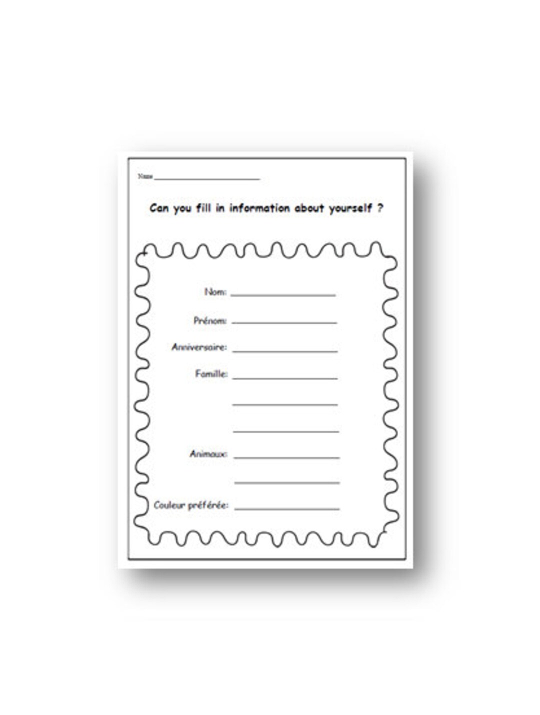 ME,MYSELF FRENCH Printable / Fill in Information About Yourself ...