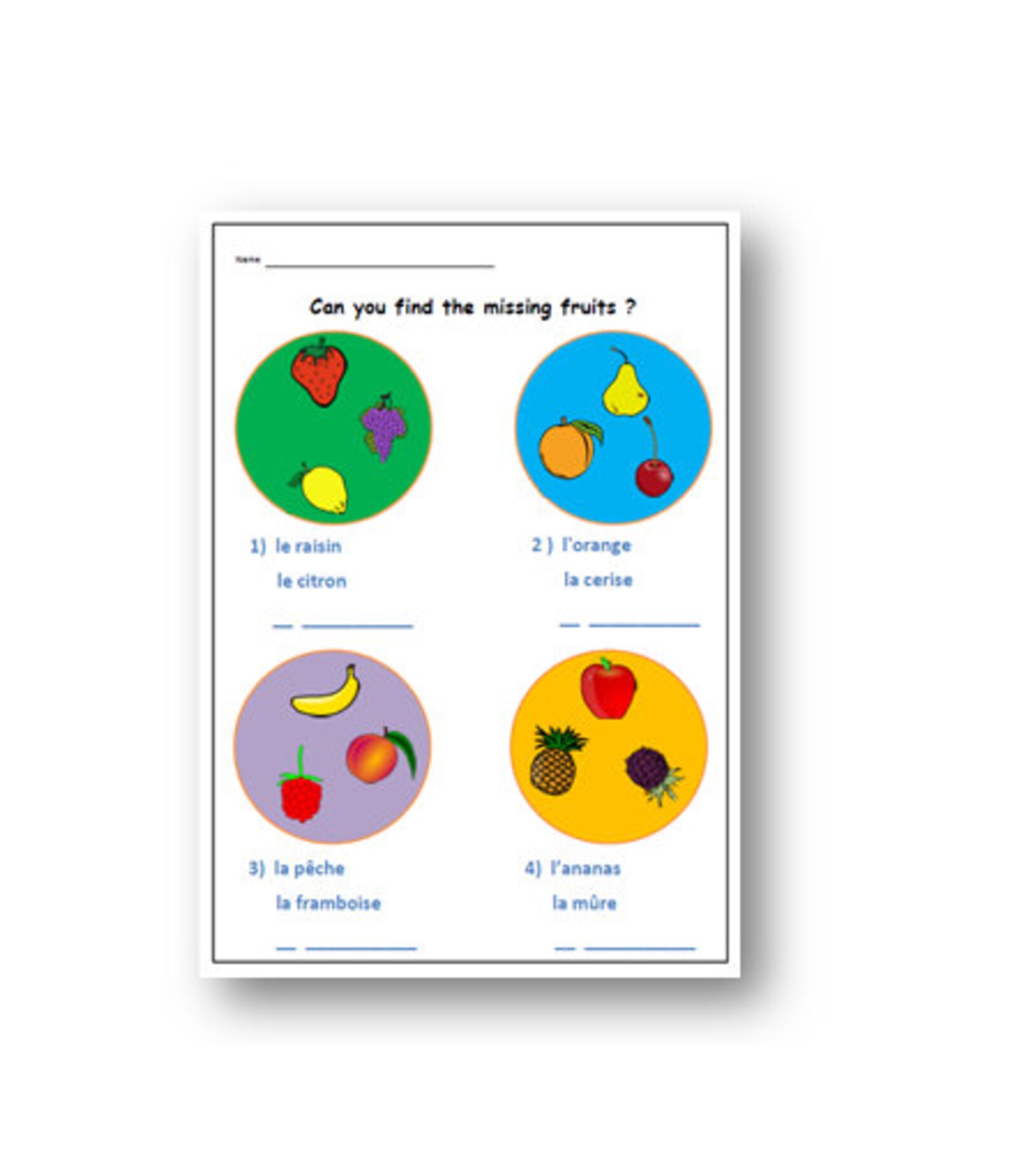 FRENCH LEARNING Actvity School PRINTABLE / Learn Names of Fruits With ...