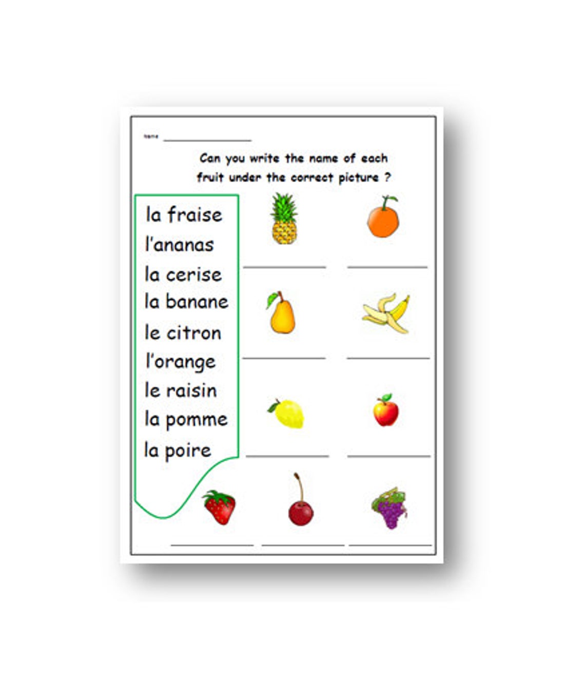 Kids Worksheet for Learning French Names of Fruits / French Printable ...