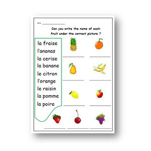 Kids Worksheet for Learning French Names of Fruits / French Printable ...