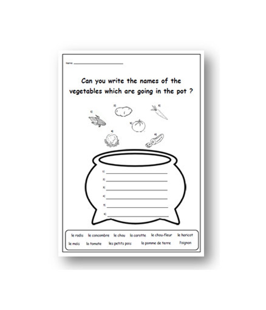 Activity FRENCH WORKSHEET to Learn Names of Vegetables,primary for ...