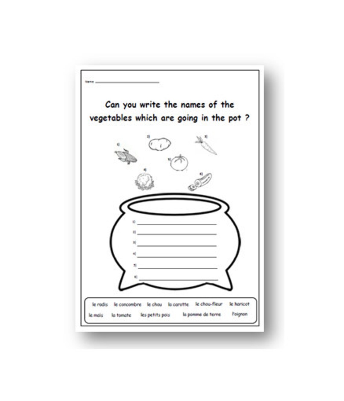 Activity FRENCH WORKSHEET to Learn Names of Vegetables,primary for ...