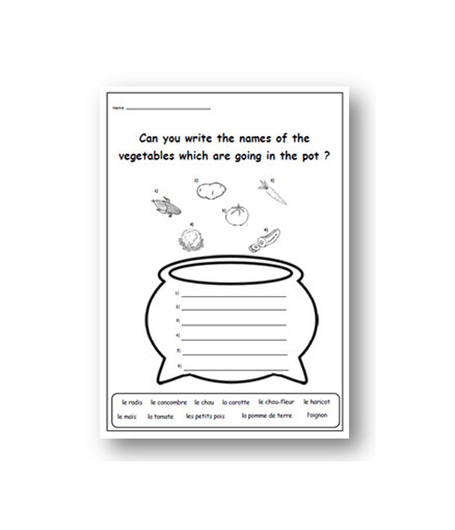 Activity FRENCH WORKSHEET to Learn Names of Vegetables,primary for ...
