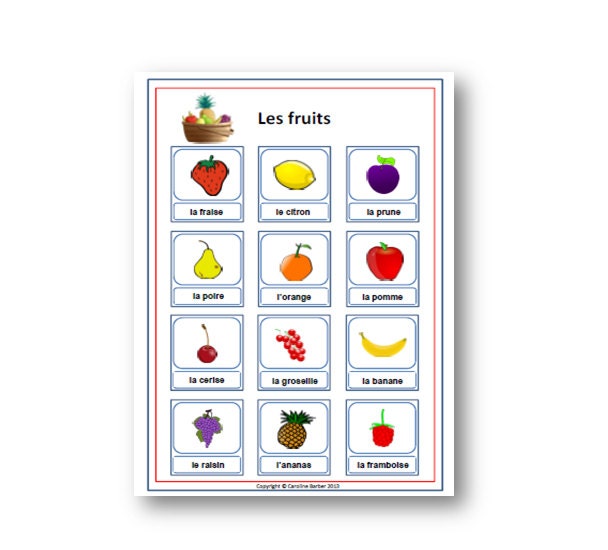 FRENCH KIDS LEARNING Fruit Words School Poster/language Teacher ...
