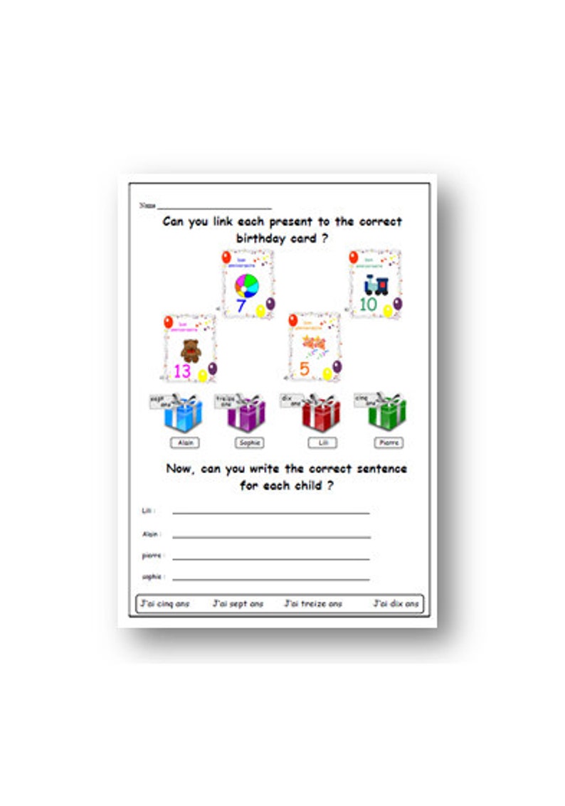 BIRTHDAY FRENCH WORKSHEET/ Matching and Writing Activities French ...