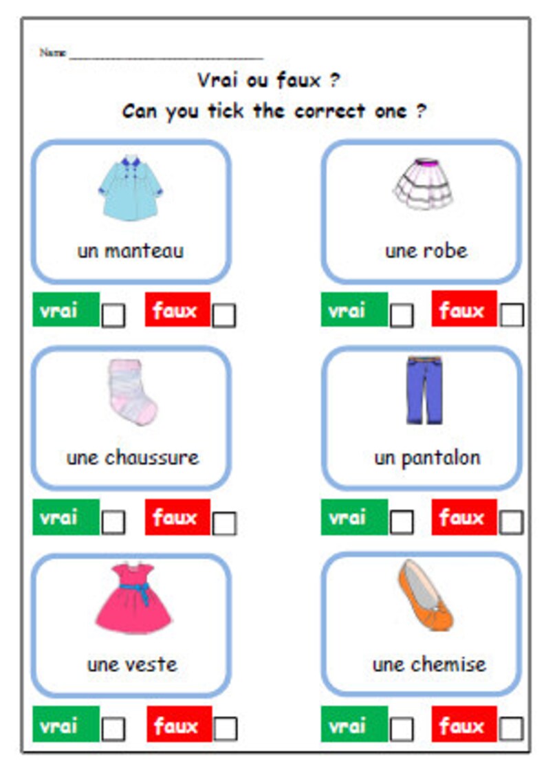 FRENCH PRINTABLE ACTIVITY to Learn Names of Clothes, Kids Learning ...