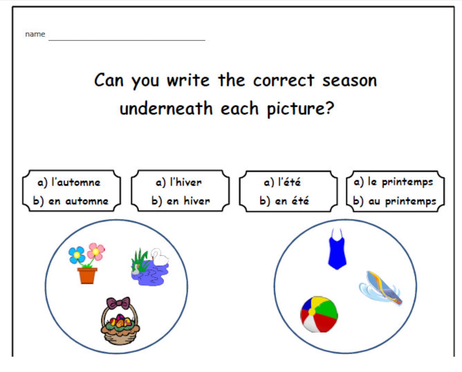 FRENCH WORKSHEET & HANDOUT to Learn the Seasons,printable Worksheet ...