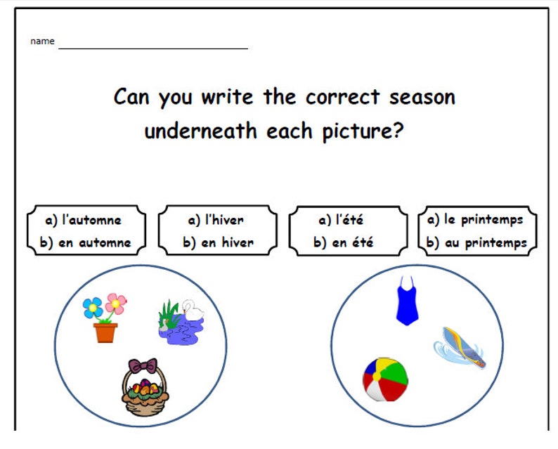 FRENCH WORKSHEET & HANDOUT to Learn the Seasons,printable Worksheet ...