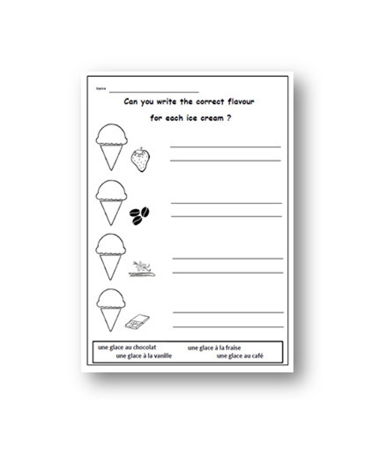 FRENCH PRINTABLE Ice Cream Flavours With Writing Exercise / Children ...