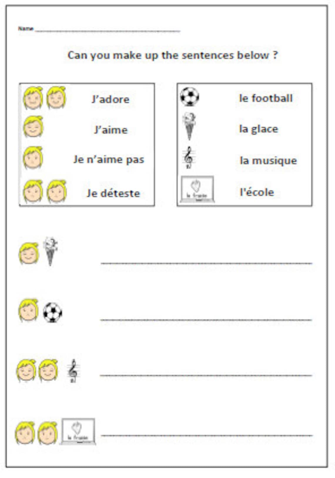 FRENCH TEACHER PRINTABLE Likes & Dislikes School Worksheet / French for ...