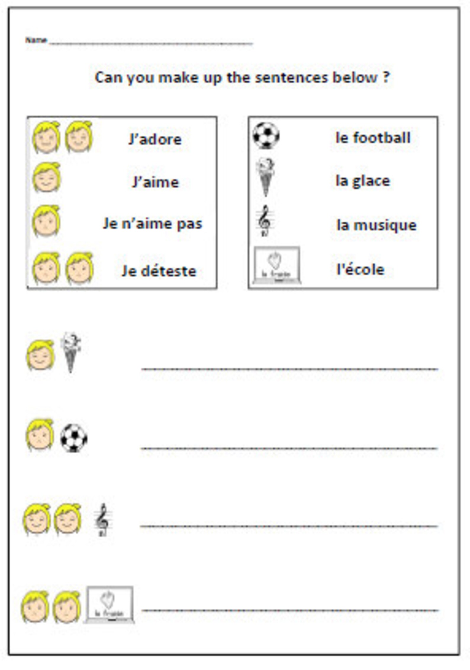 FRENCH TEACHER PRINTABLE Likes & Dislikes School Worksheet / French for ...