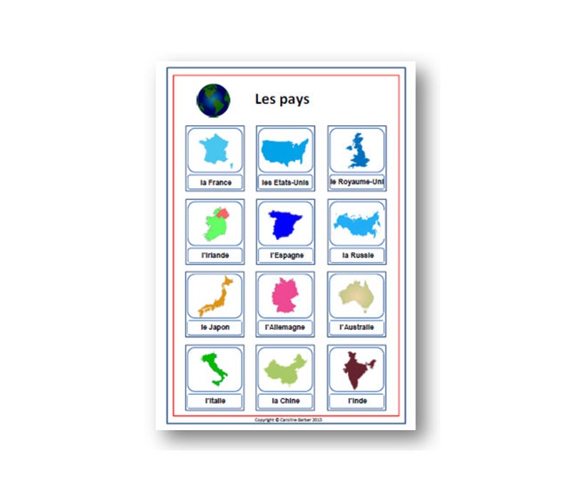 COUNTRIES FRENCH SCHOOL Poster,learn Names of Countries in French With ...