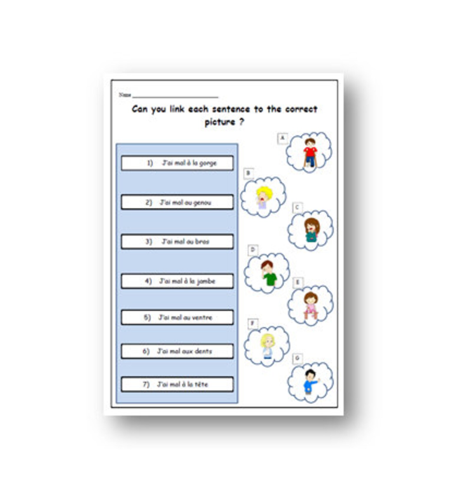 FRENCH Matching Activity WORKSHEET / French Word Sheet / Language Kids ...