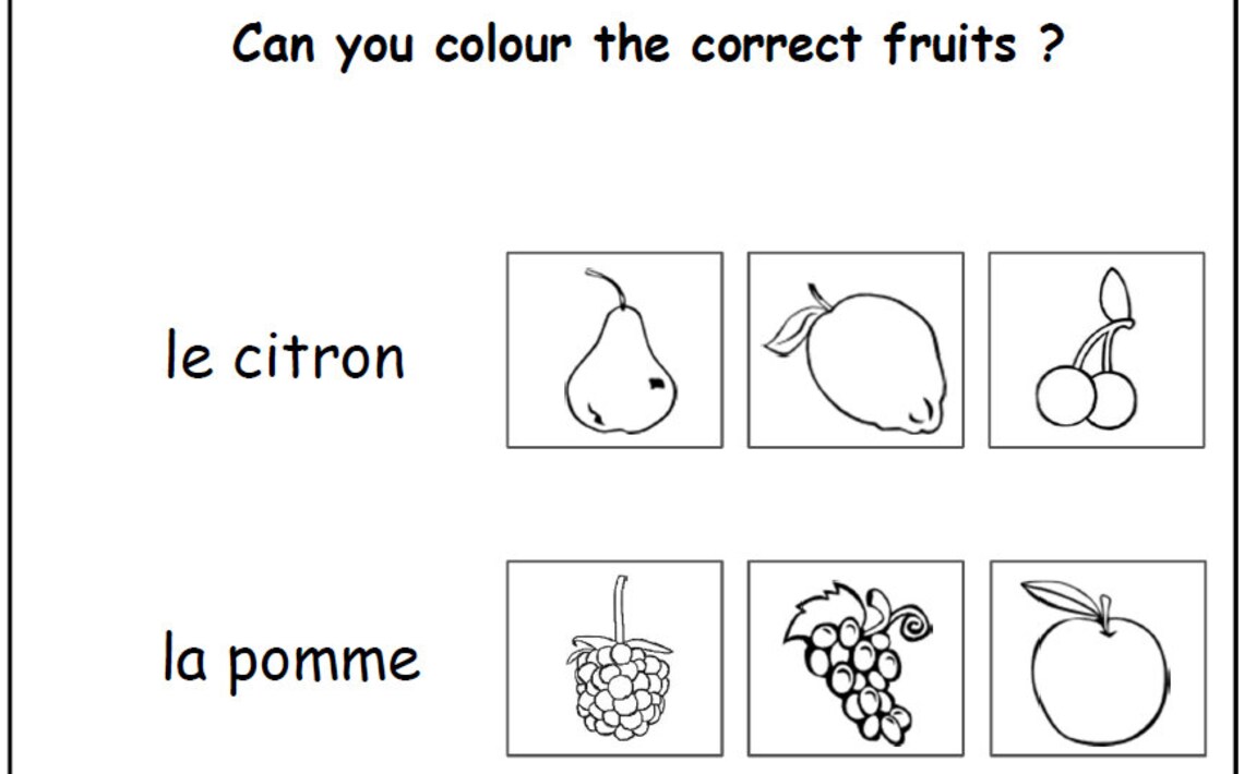 FRENCH for KIDS Fruits Words Language Worksheet / Kids Worksheet French ...