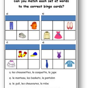 CLOTHES Bingo Game FRENCH PRINTABLE / Basic French Words Kids Worksheet ...