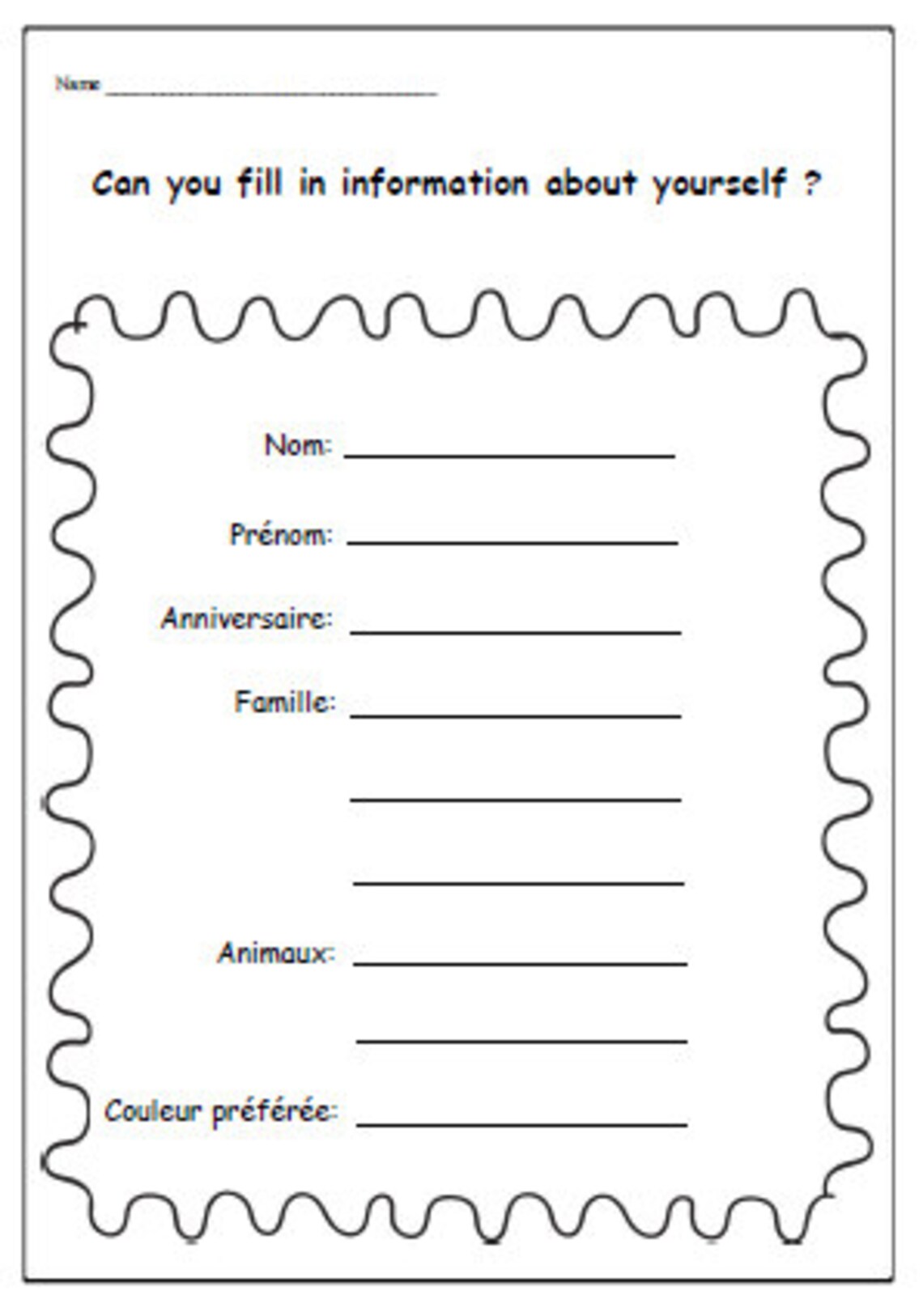 ME,MYSELF FRENCH Printable / Fill in Information About Yourself ...