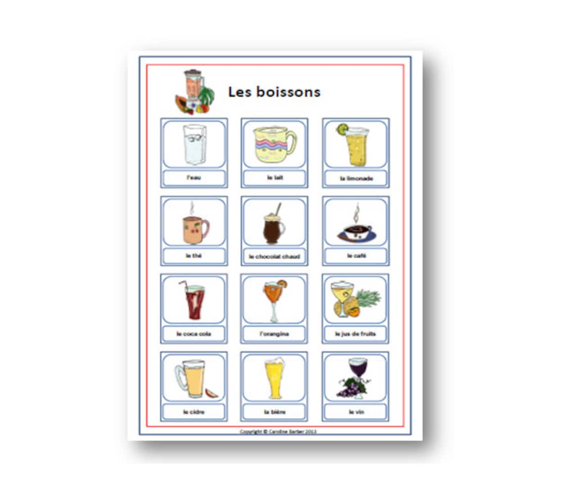 FRENCH EDUCATIONAL POSTER Drink Vocabulary Printable / Food Words ...