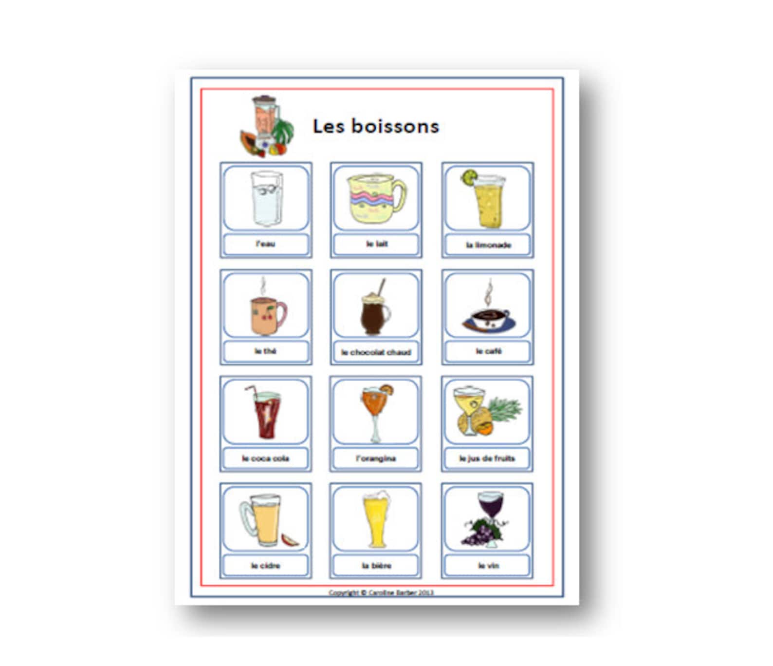 FRENCH EDUCATIONAL POSTER Drink Vocabulary Printable / Food Words ...