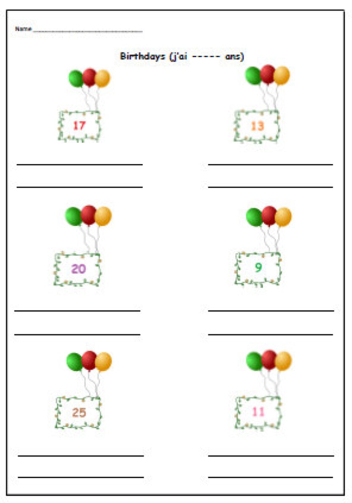 BIRTHDAY TOPIC FRENCH Printable / Learn Your Age With Birthday ...