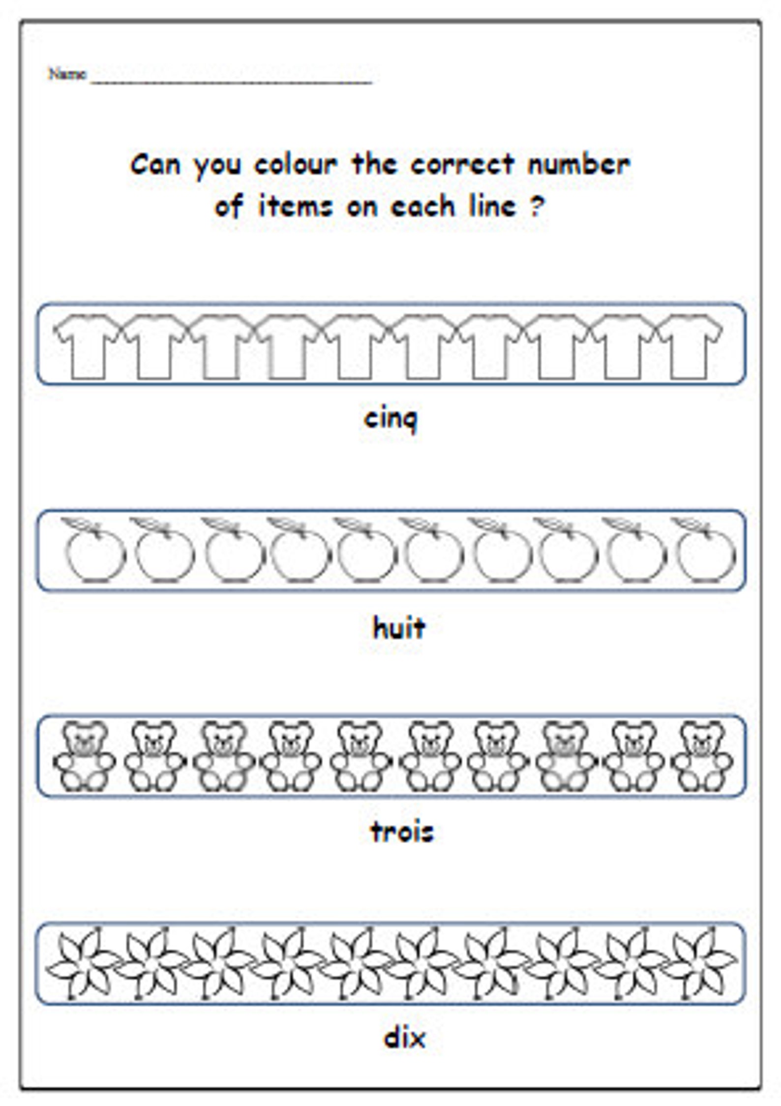 COUNTING & COLOURING SHEET With French Printable / Kids Worksheet ...